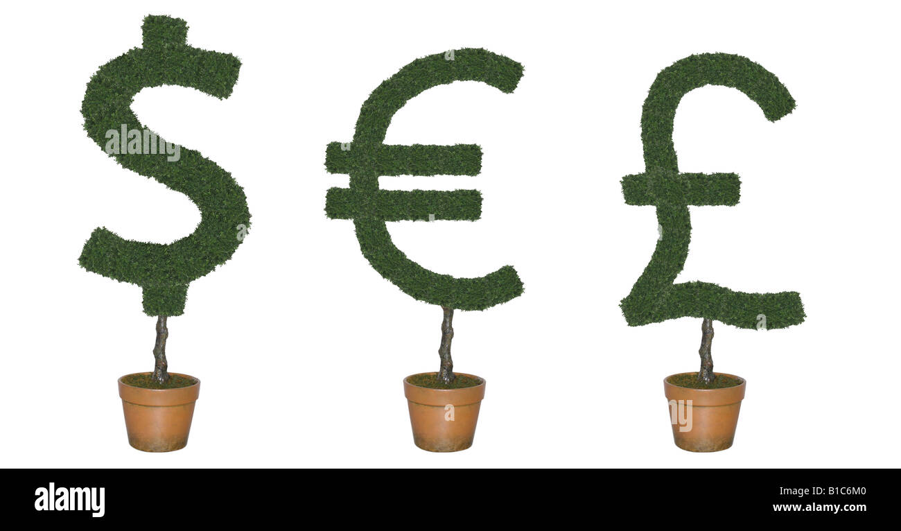 Topiary trees in shape of world currency symbols cut out on white ...