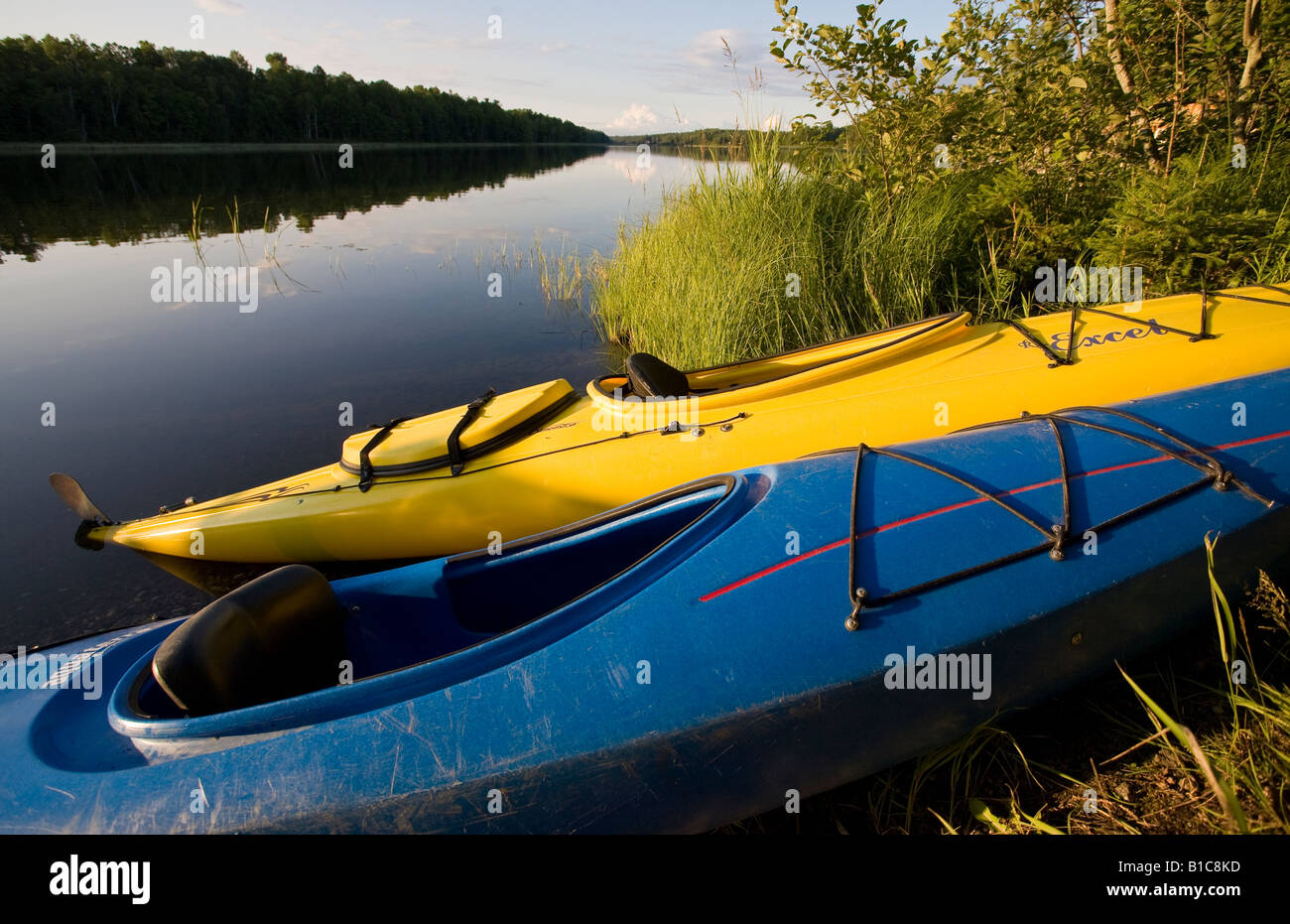 Blue and Yellow Kayaks. Two fibreglass or plastic kayaks pulled up on a ...