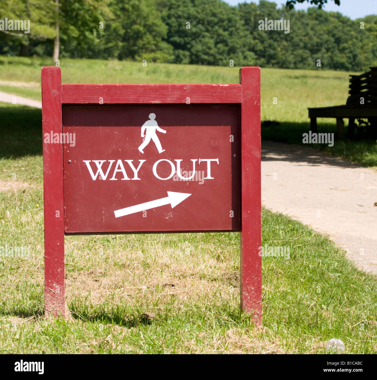 Pedestrian way out sign Stock Photo - Alamy