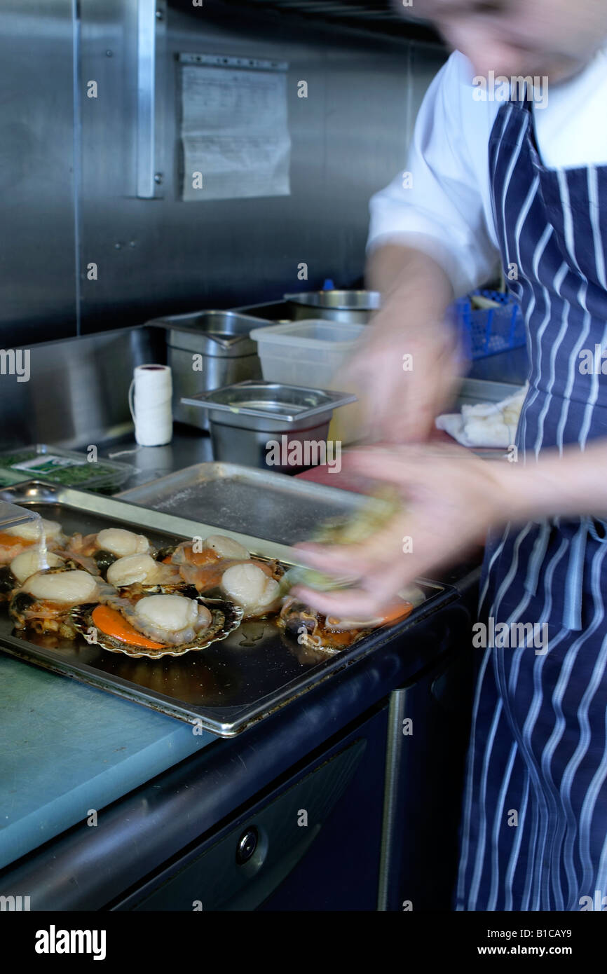 chef preparing scallops in a kitchen Stock Photo - Alamy