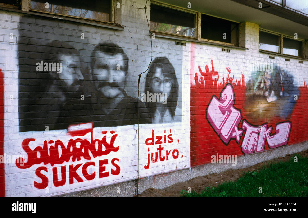 Graffito depicting Lech Walesa at the entrance to Solidarnosc shipyard ...