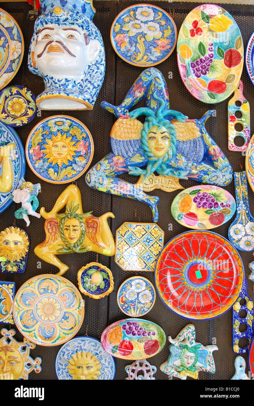 Ceramic Trinakria symbols on display, Taormina, Messina Province ...