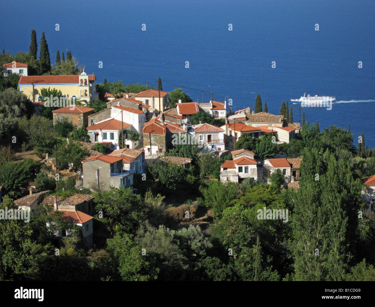 View down of the village of Stavrinides high above the north coast of ...