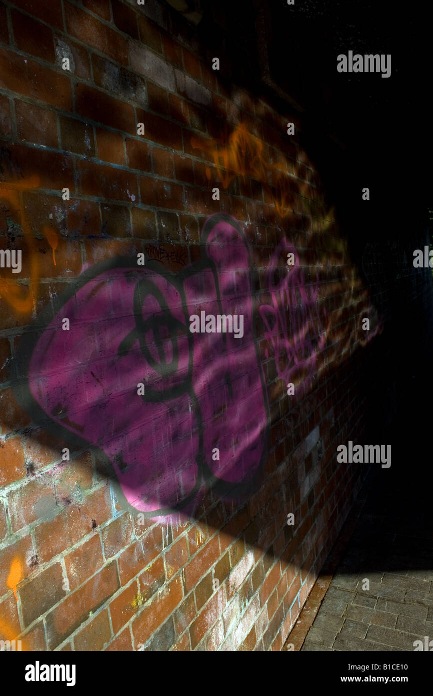 Sun reflecting off water on a shady brick bridge wall with graffiti ...