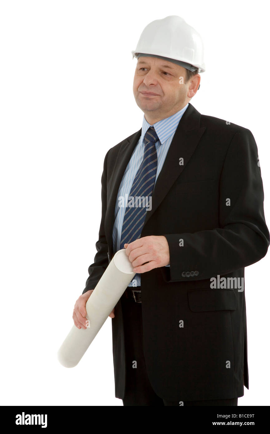 Architect in business suit with helmet on white background Stock Photo ...
