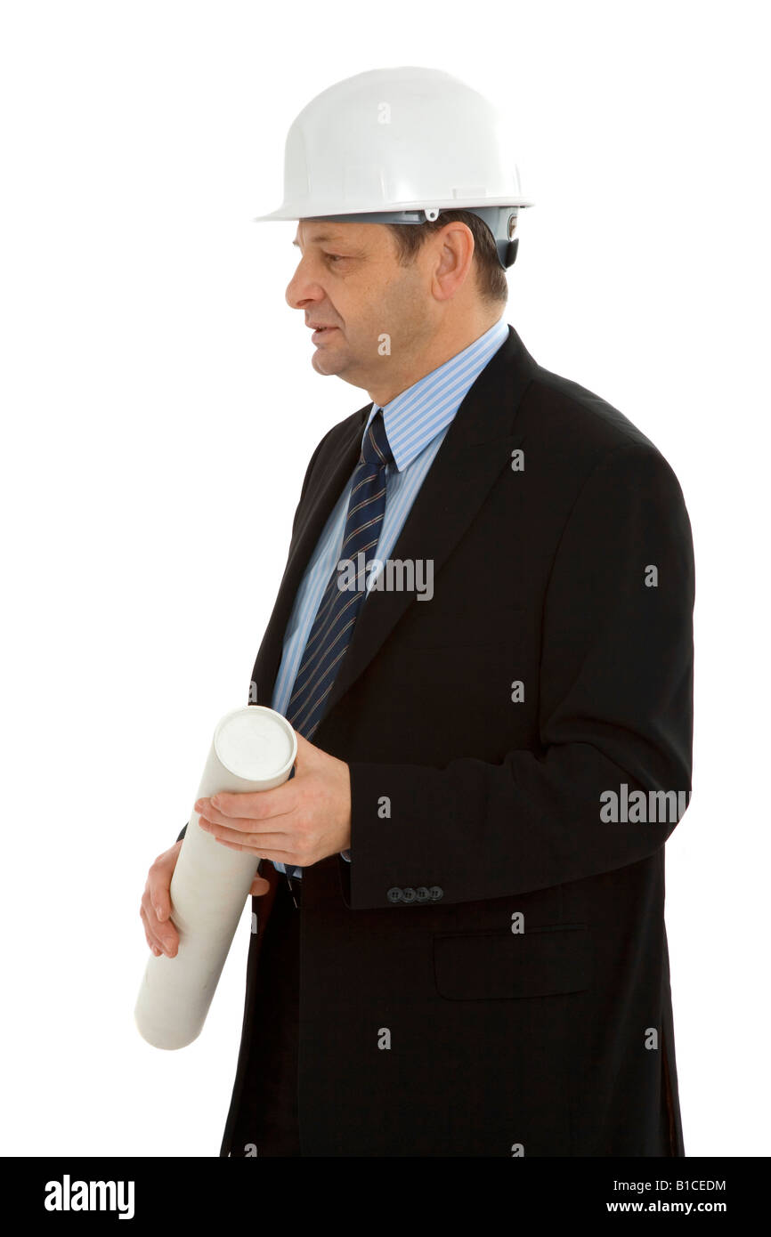 Architect in business suit with helmet on white background Stock Photo ...