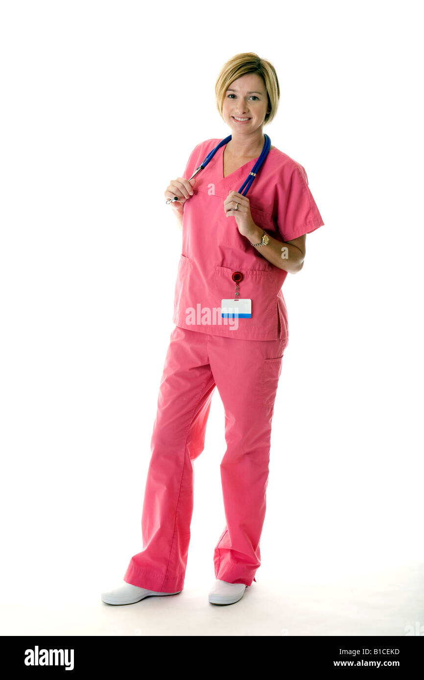 A pretty young blond woman in red nurses scrubs holding a stethoscope ...