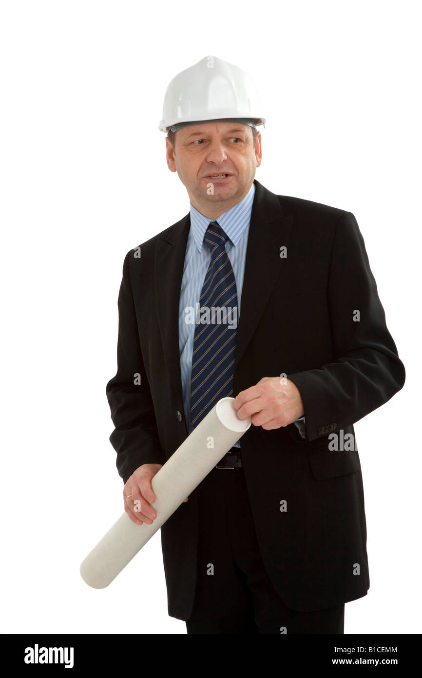 Architect in business suit with helmet on white background Stock Photo ...