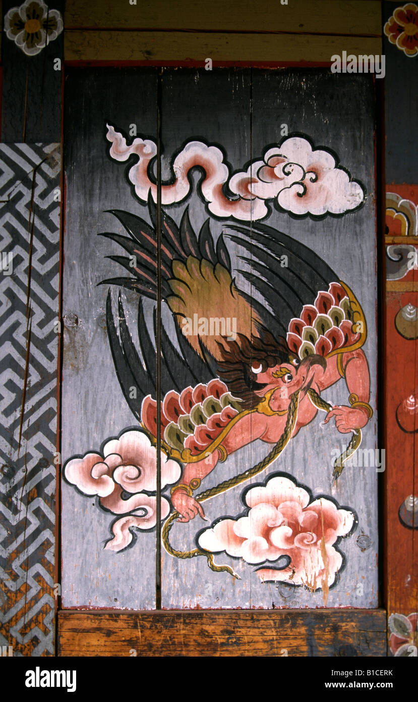 Bhutan Bumthang Valley Jakar eagle and snake painted panel Stock Photo ...