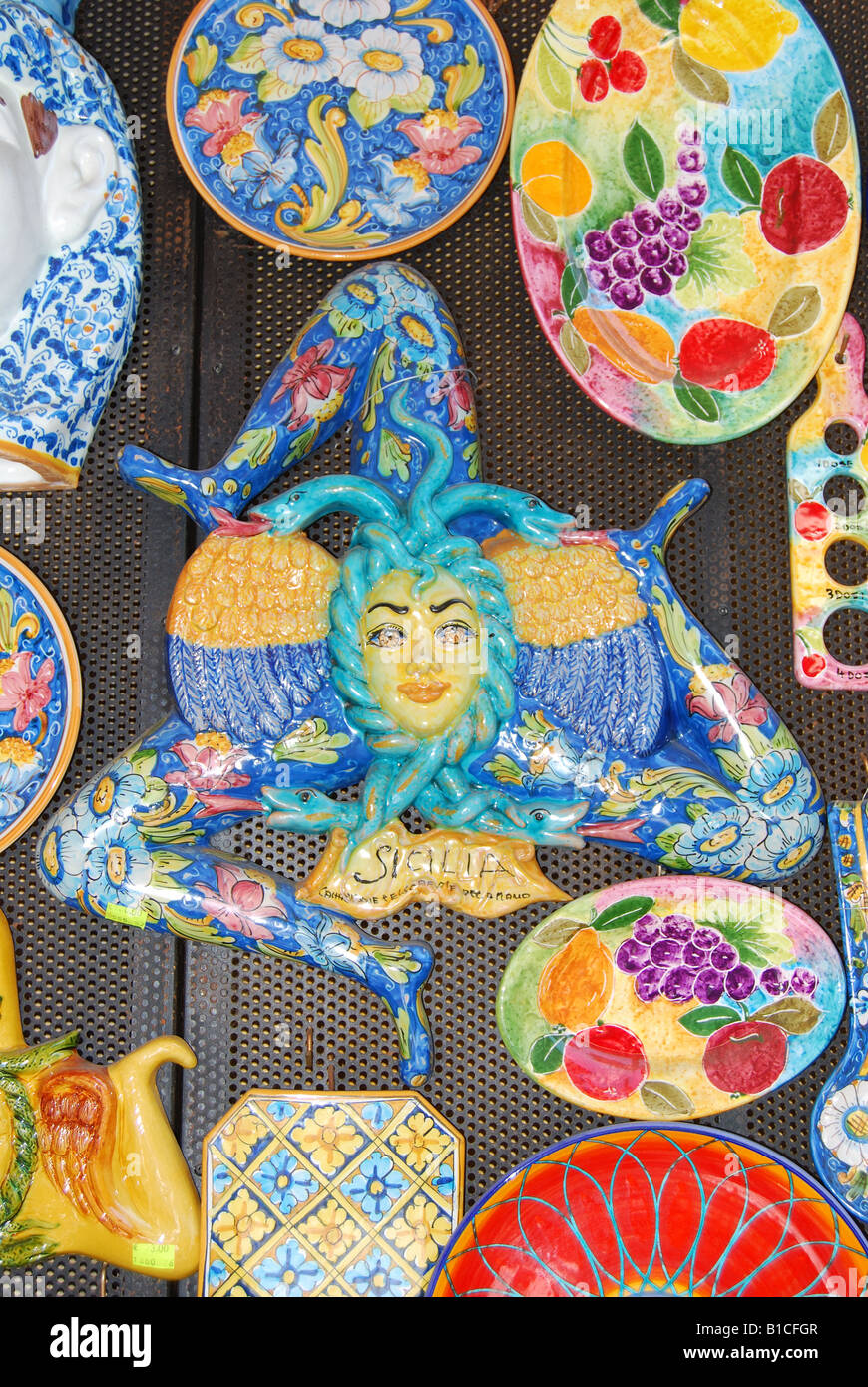 Ceramic Trinakria symbol on display, Taormina, Messina Province, Sicily ...