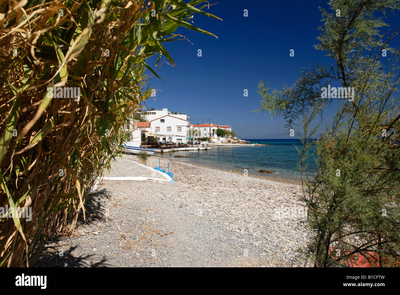 Beach and village of Avlakia on the island of Samos in Greece Stock ...