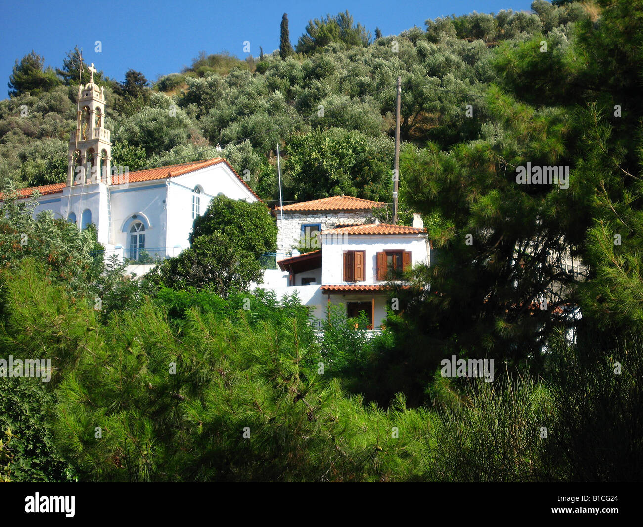 The church and houses of Ano Ag. Konstantinos on the island of Samos in ...