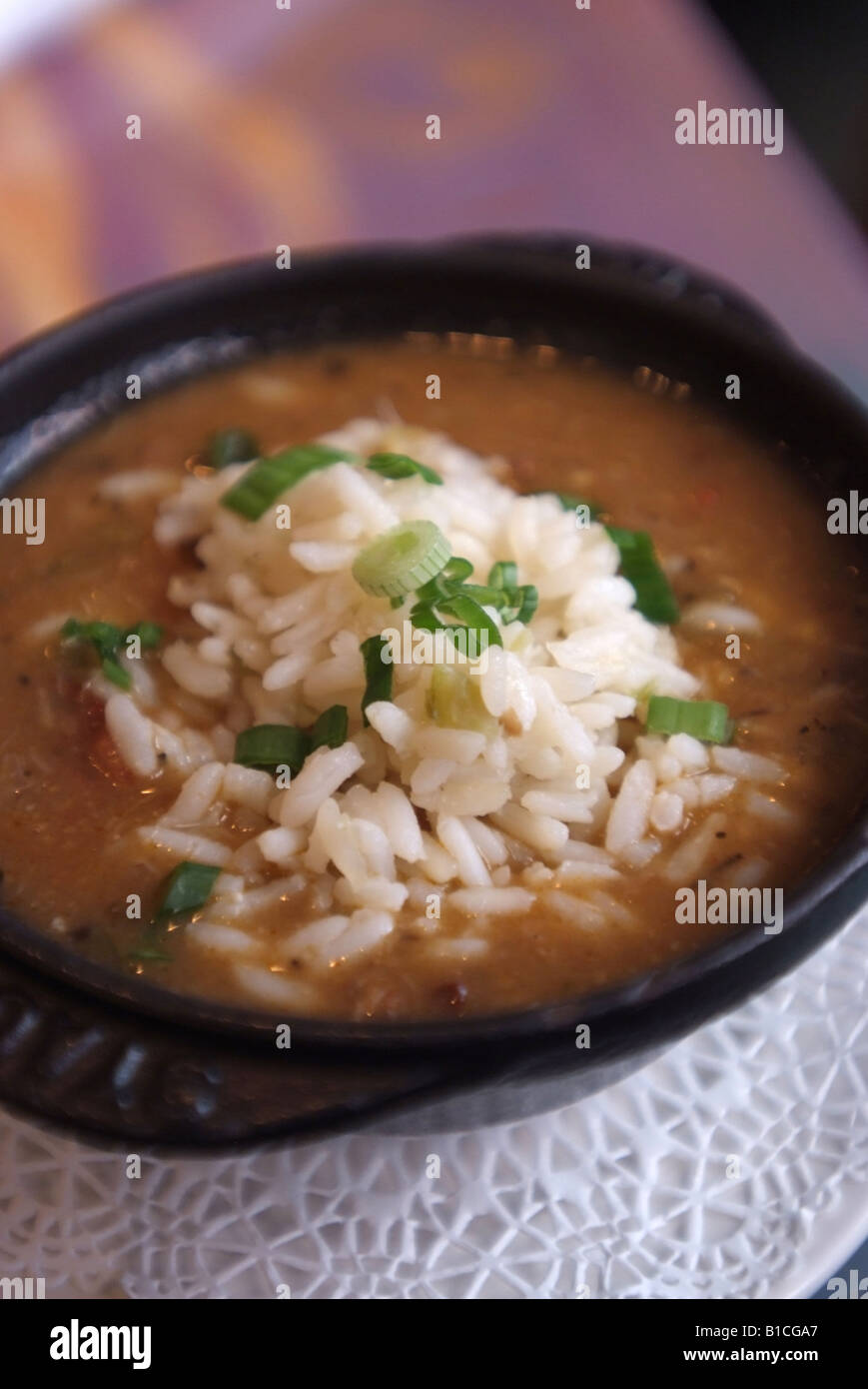 USA Louisiana LA Cajun Country sausage gumbo with rice Stock Photo - Alamy