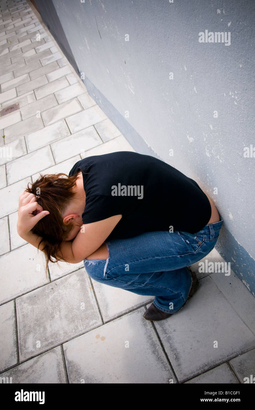 young redhead red haired woman girl worried anxious depressed sad alone ...