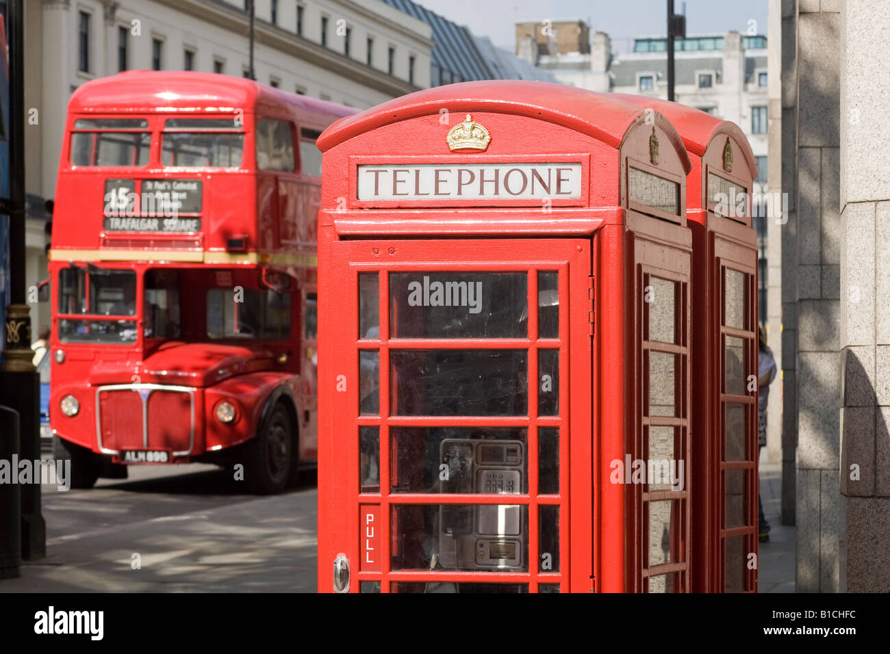 Red phone box and doubledecker bus. Fleet Street, London, England Stock ...