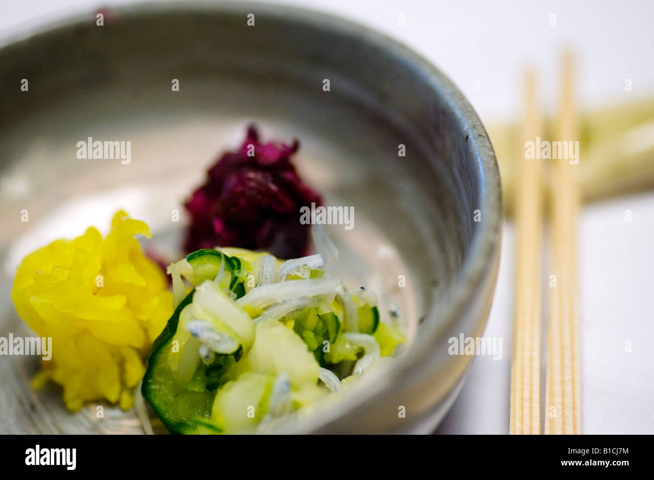Detail of dish of Japanese pickles in Kaiseki style that originates in ...