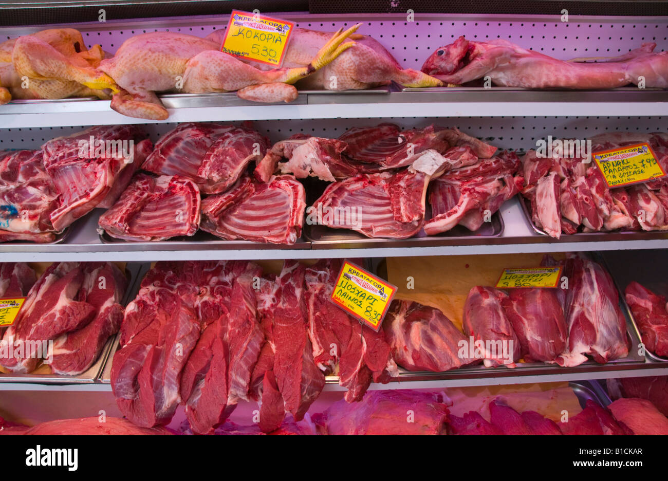 Meat for sale on market stall in Heraklion capital and largest city on ...