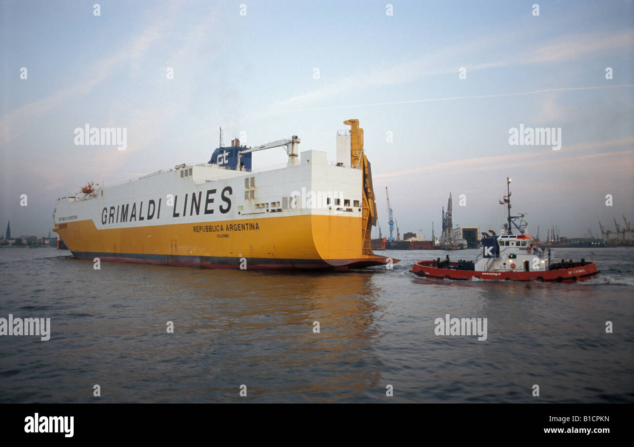 Grimaldi Lines RoRo car transport ship on Elbe river in the port of ...