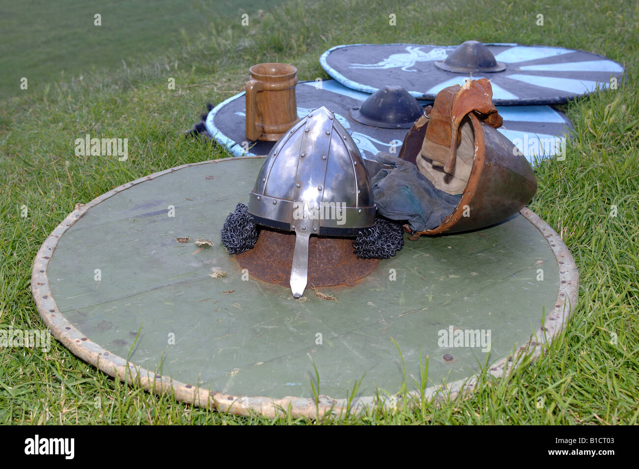 Viking fighting helmets and swords on display at a living history ...