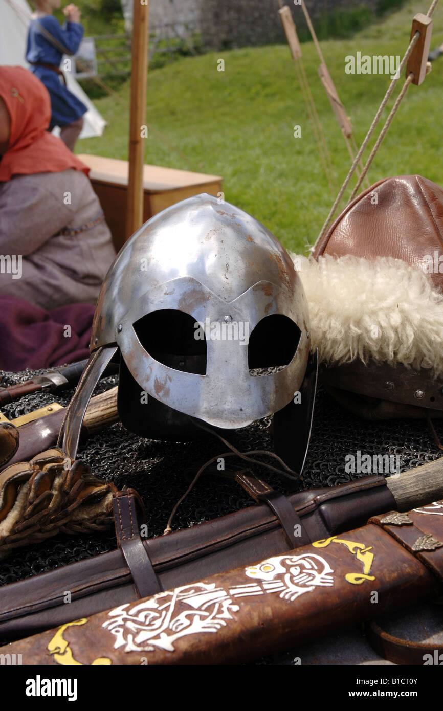 Viking fighting helmets and swords on display at a living history ...
