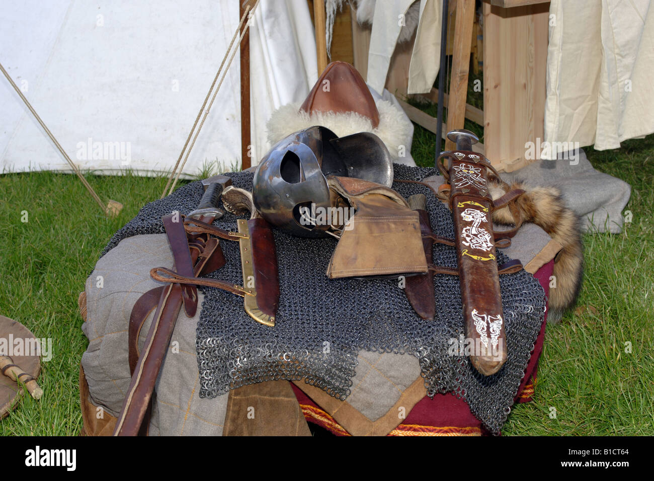 Viking fighting helmets and swords on display at a living history ...