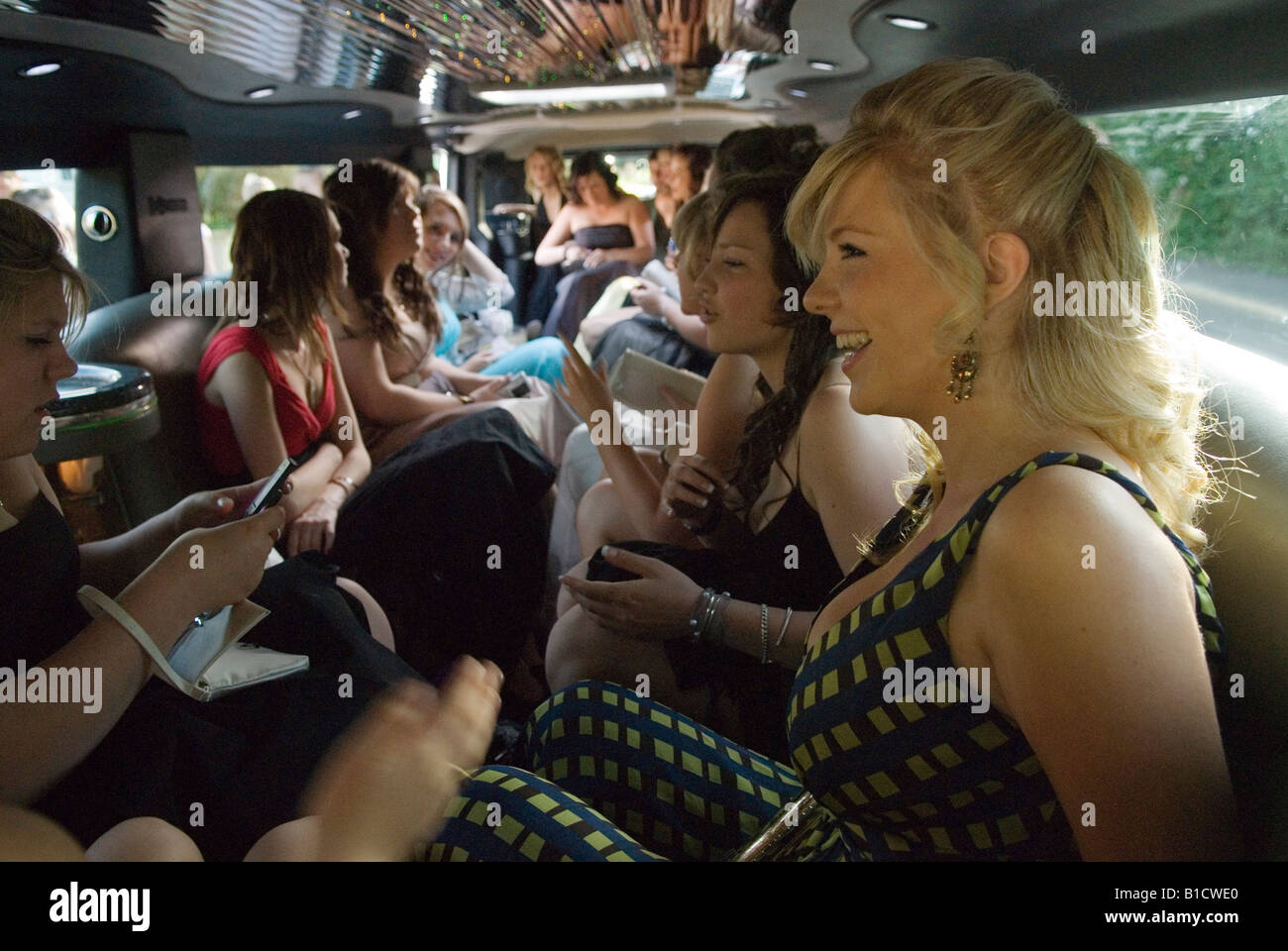 Stretched limo limousine interior teen girls going to a Prom Party A ...