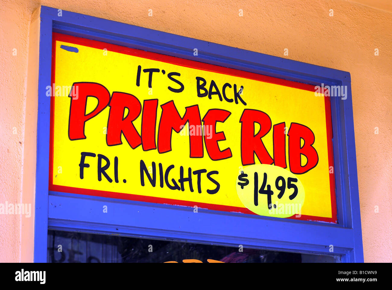 Prime Rib Friday Nights $14.95 sign hand painted in a restaurant window ...