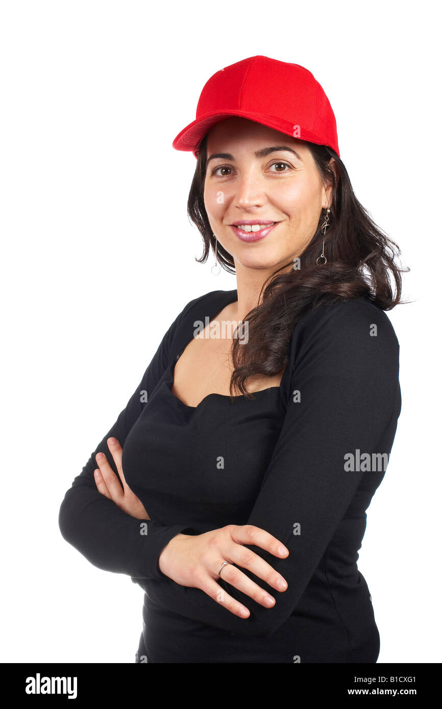 Smiling casual woman with a red cap on white background Stock Photo - Alamy