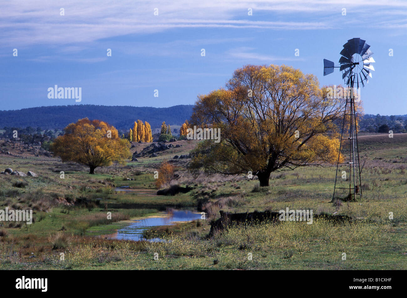 Trees and Windmill in autumn landscape Stock Photo - Alamy