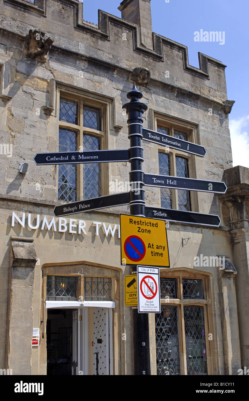 Tourist direction signpost in City Market Square of Wells Somerset ...