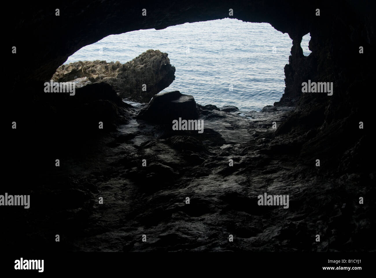 Looking Out at Sea Water from Dark Inside of a Seashore Cave Cape Greko ...