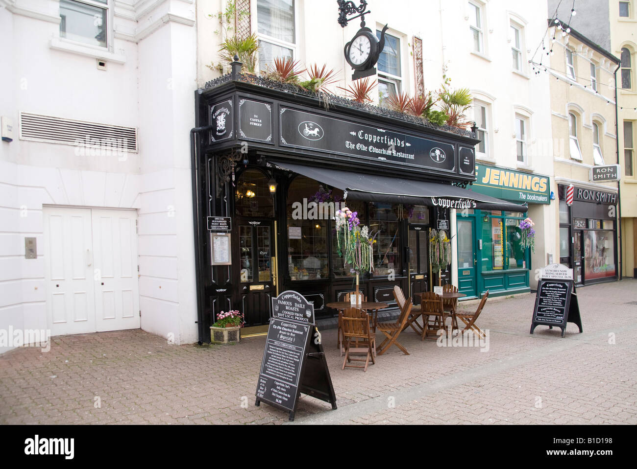 Cafe tea rooms in pedestrian street, Douglas, Isle of Man. Horizontal ...