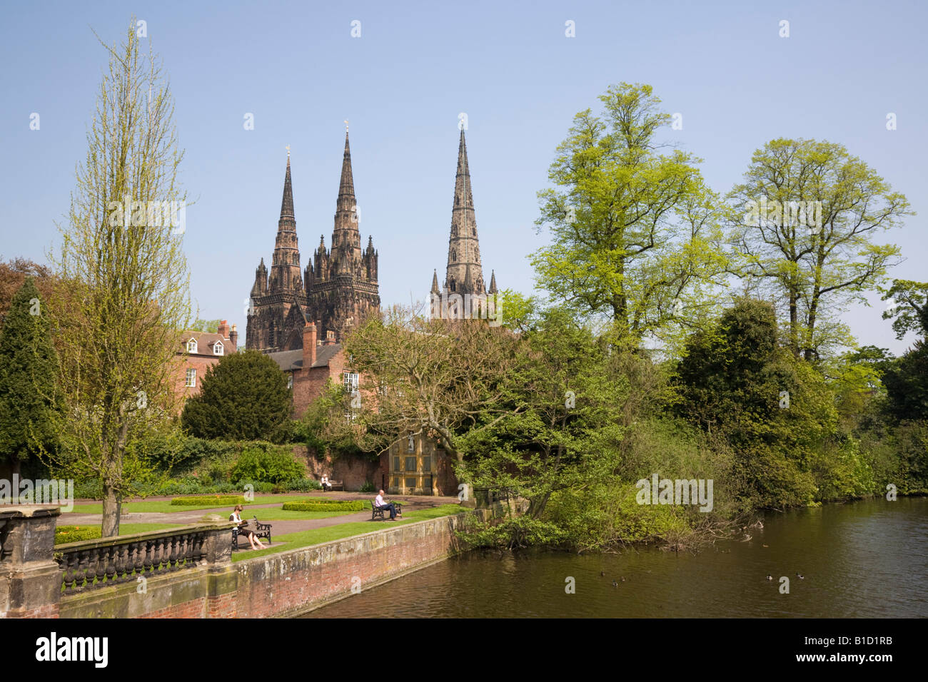 Three spires of 13th century Cathedral of St Mary and St Chad across ...
