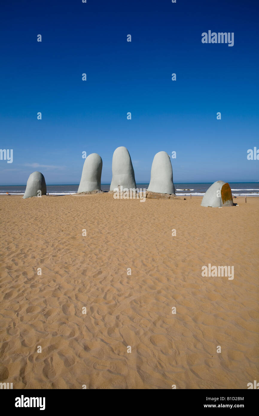 Hand of a drowning man sculpture in Playa Brava beach Punta del Este ...