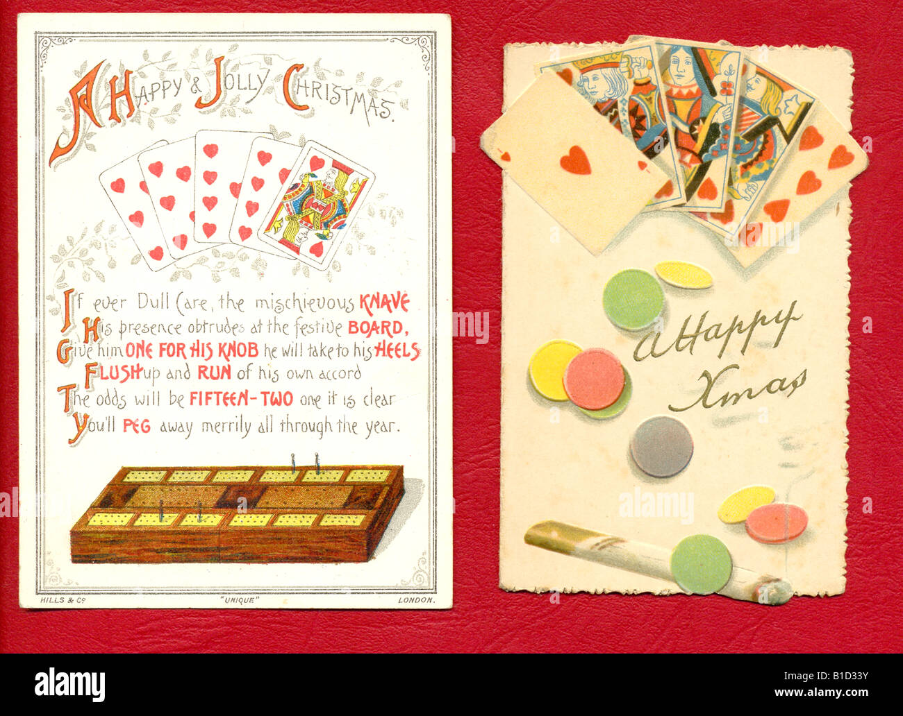 Two Victorian greetings cards featuring playing cards and games circa ...
