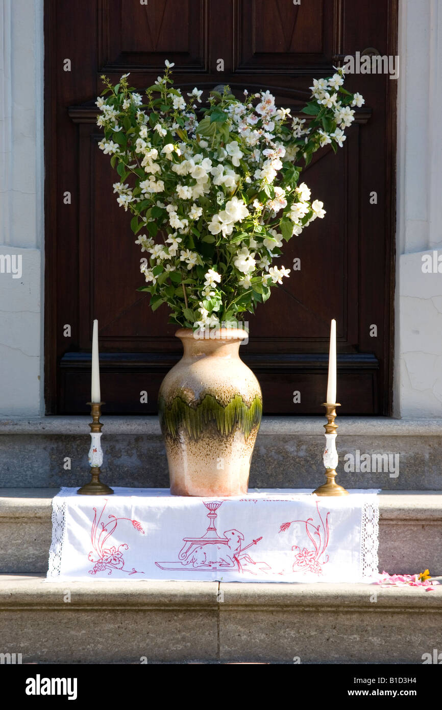 Decorations on the steps of a building during "Corpus Christi Stock ...