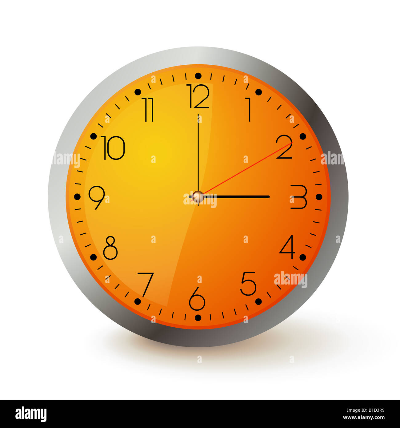 Wall clock with orange face and metal round Stock Photo - Alamy