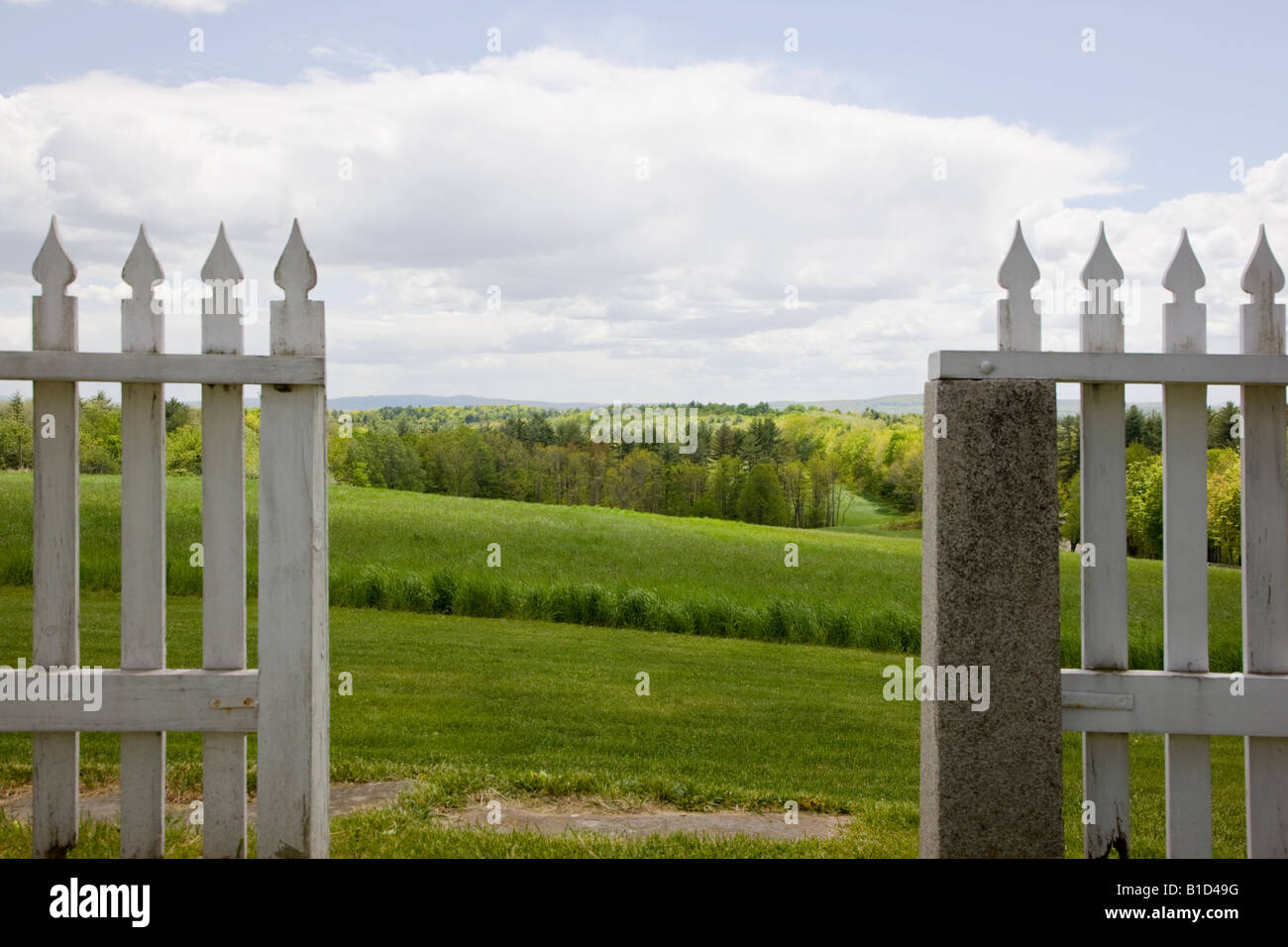 Open gate in fence, Canterbury Shaker Village, Massachusetts, USA Stock ...