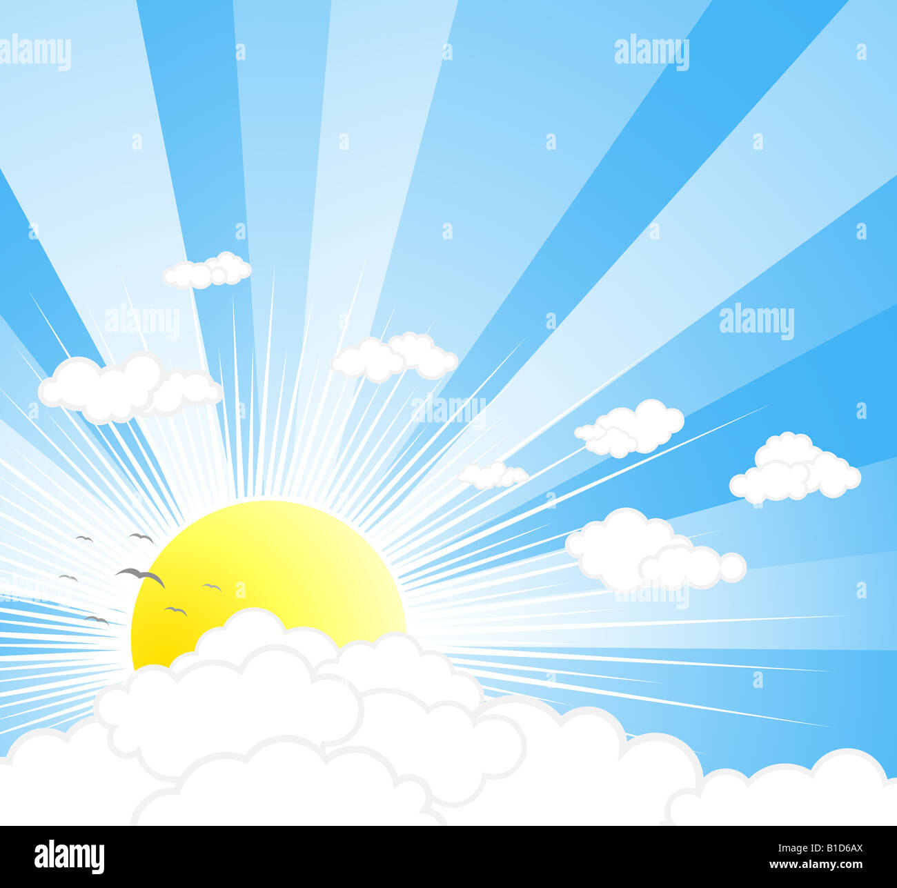 Vector illustration of a beautiful sunny sky with rays clouds and birds ...