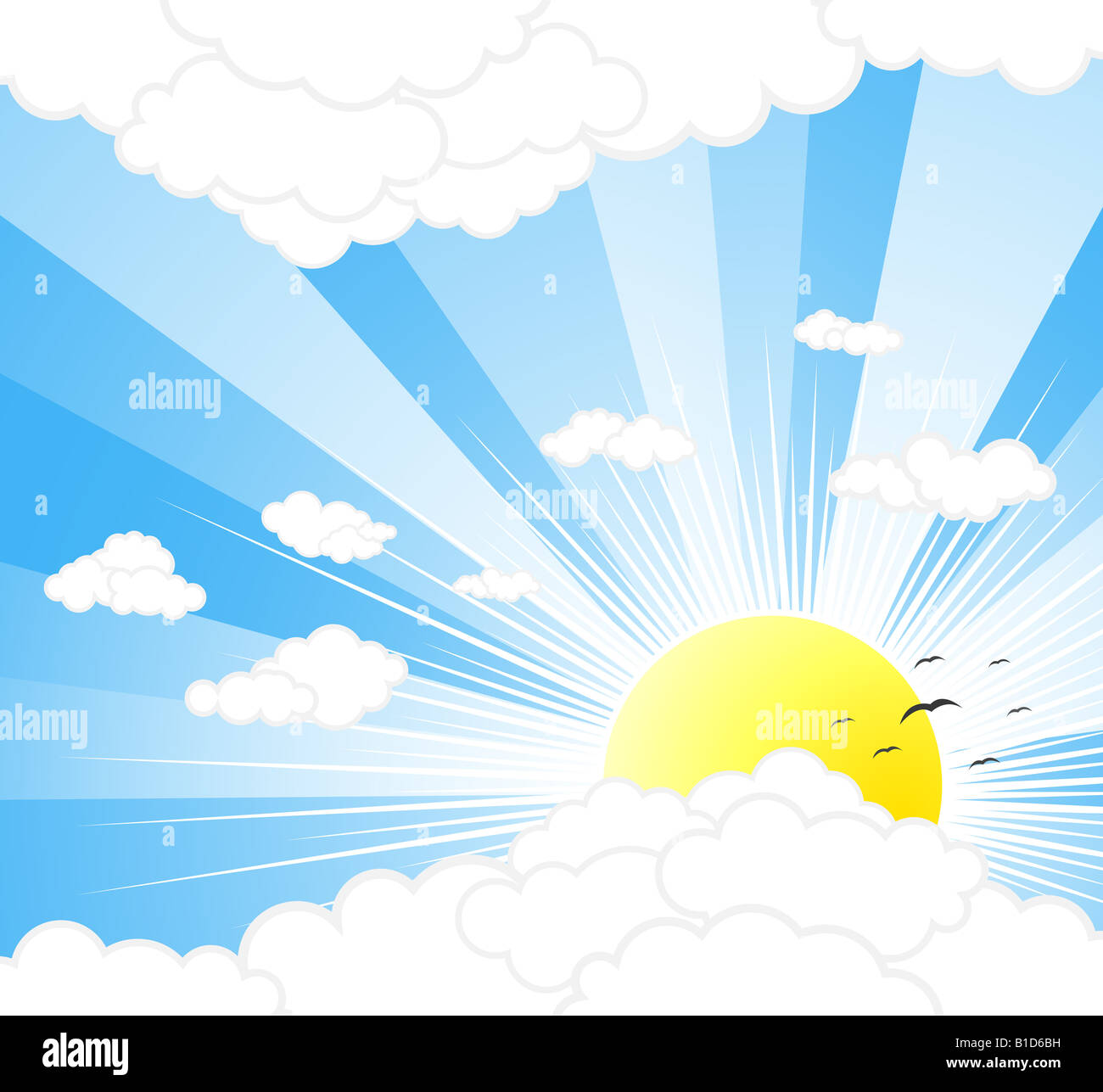 Vector illustration of a beautiful sunny sky with rays clouds and birds ...