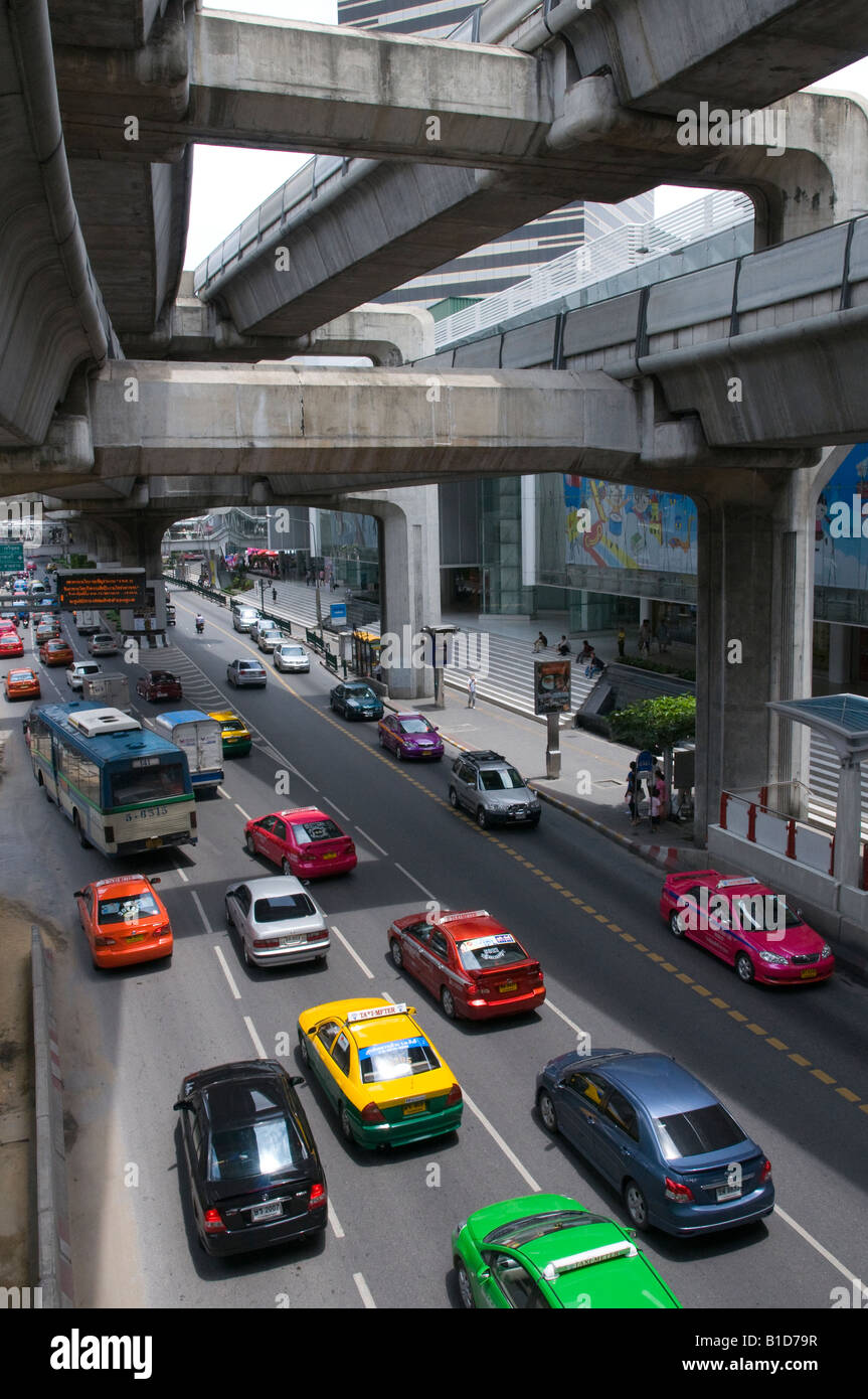Thailand Bangkok Siam Junction view from above with road and sky train ...