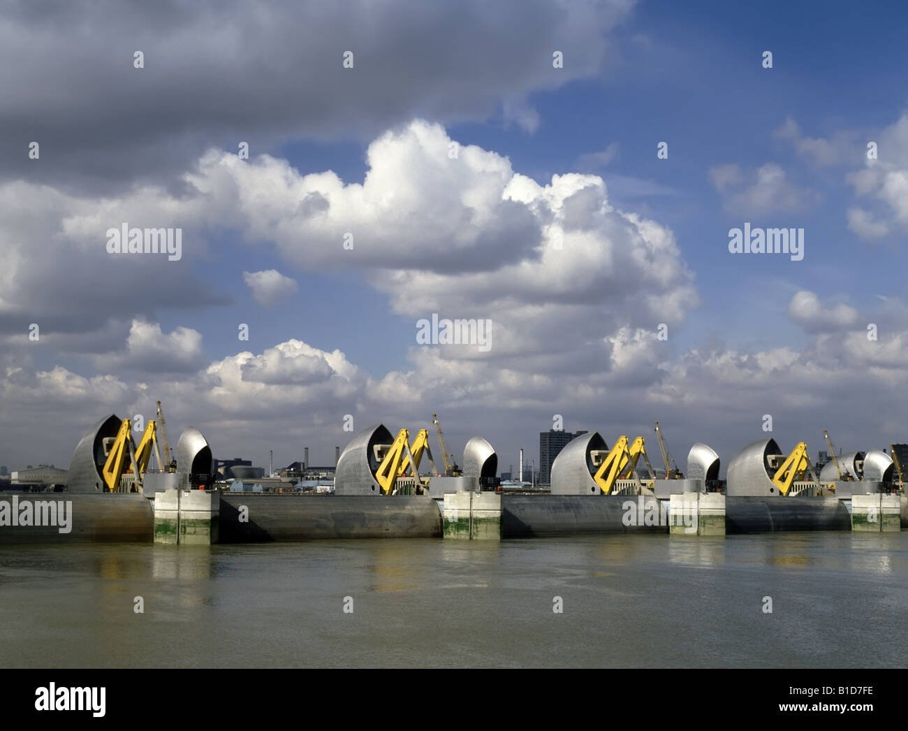 Woolwich East London river Thames flood barrier showing gates raised ...