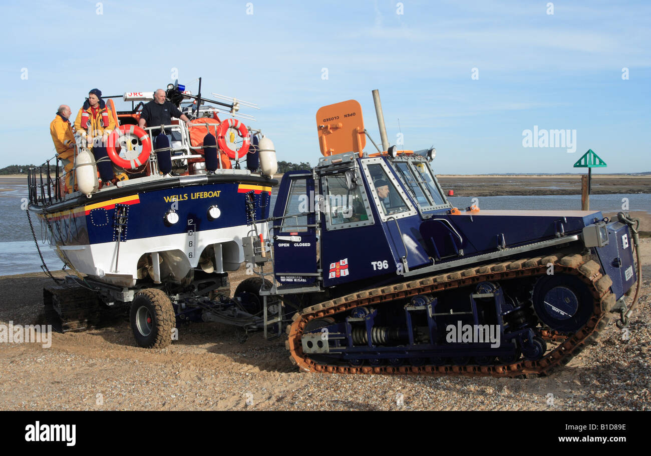 The lifeboat at Wells-next-the-Sea being pulled by the tractor Stock ...