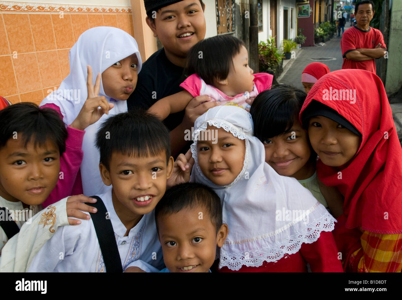 Indonesia Java Island Yogyakarta portrait of schoolchildren with female ...