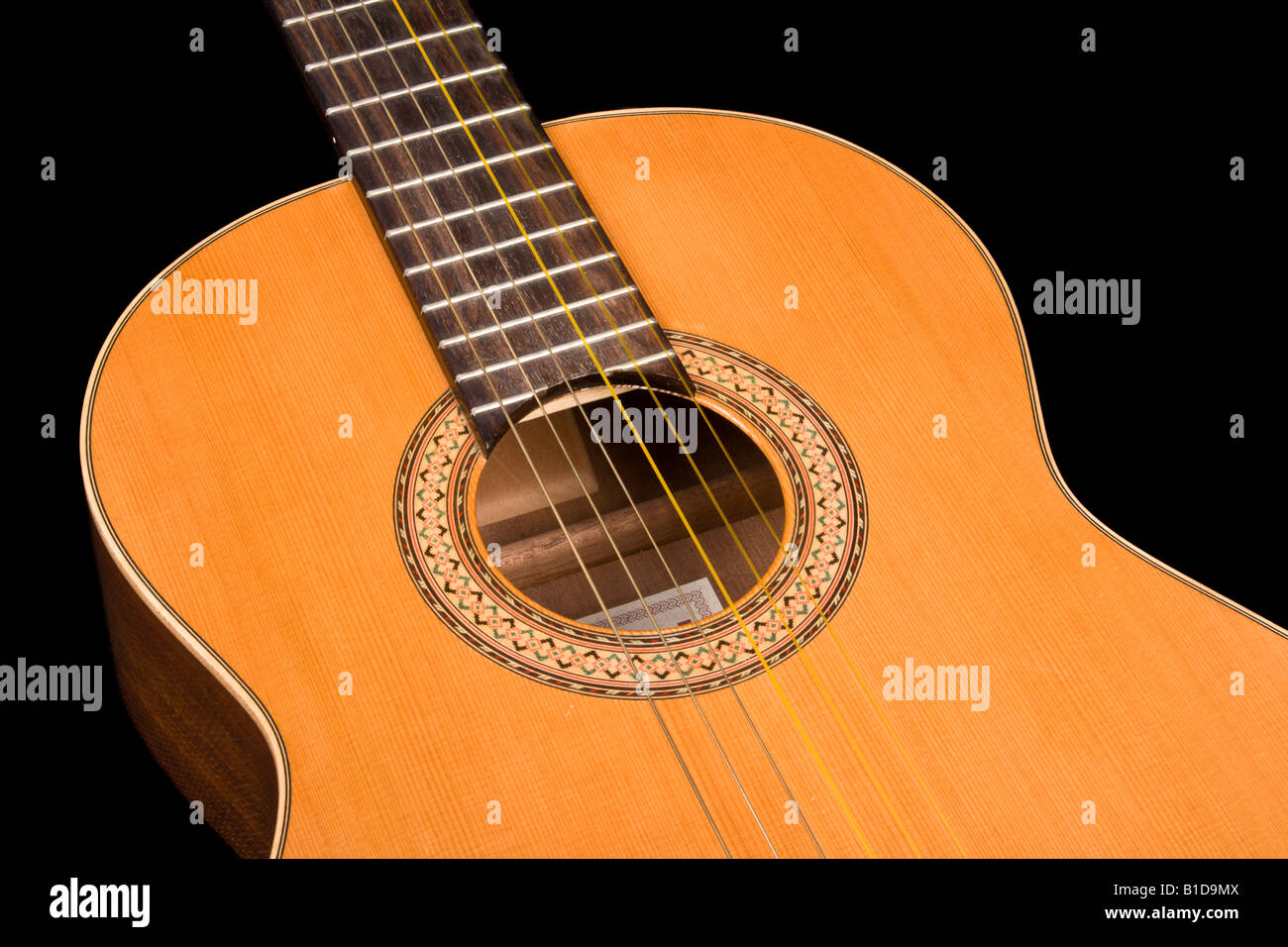 Classical guitar close up on dark background Stock Photo - Alamy
