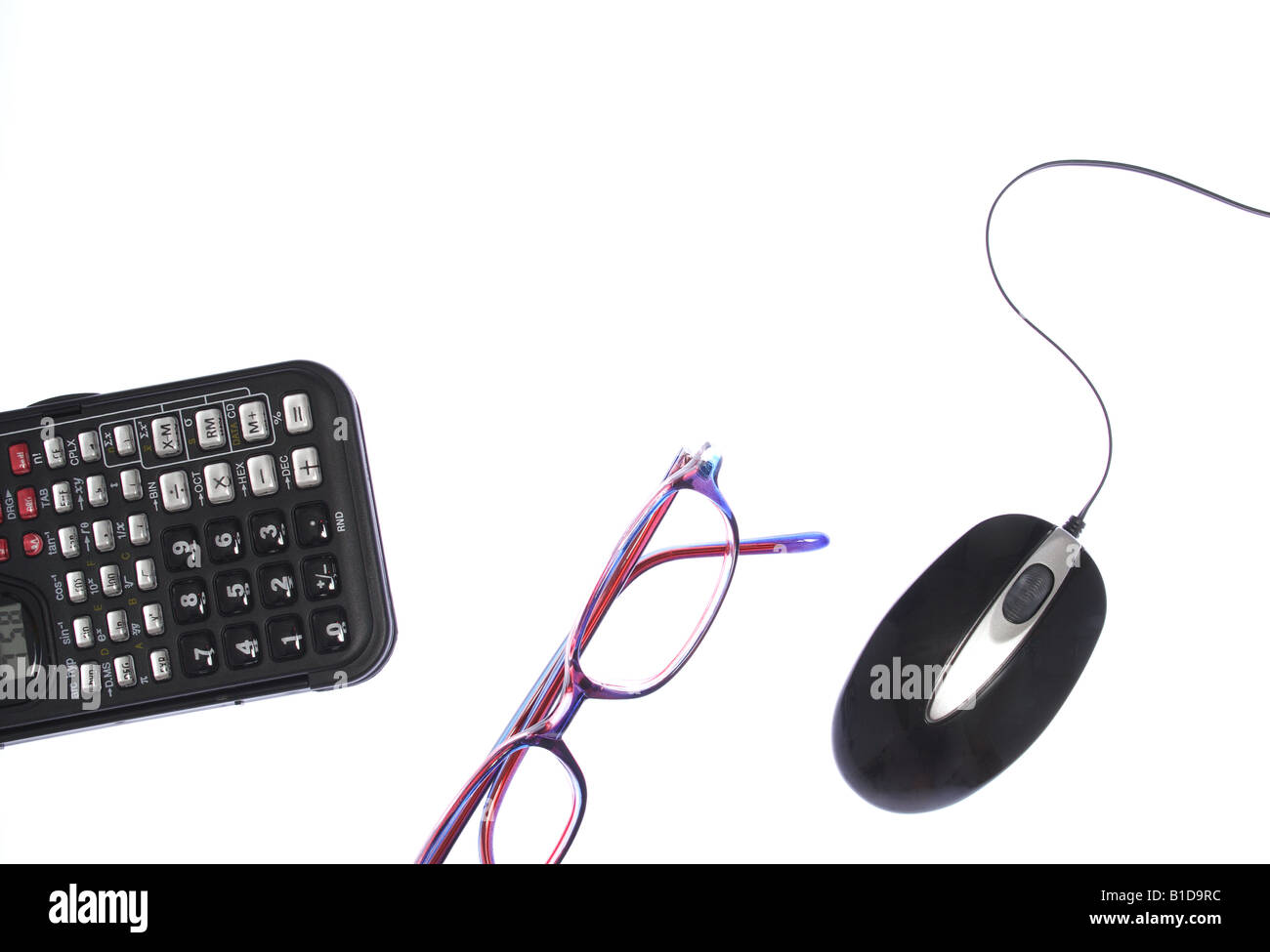 Optical wheel mouse eyeglass and calculator on white background The ...