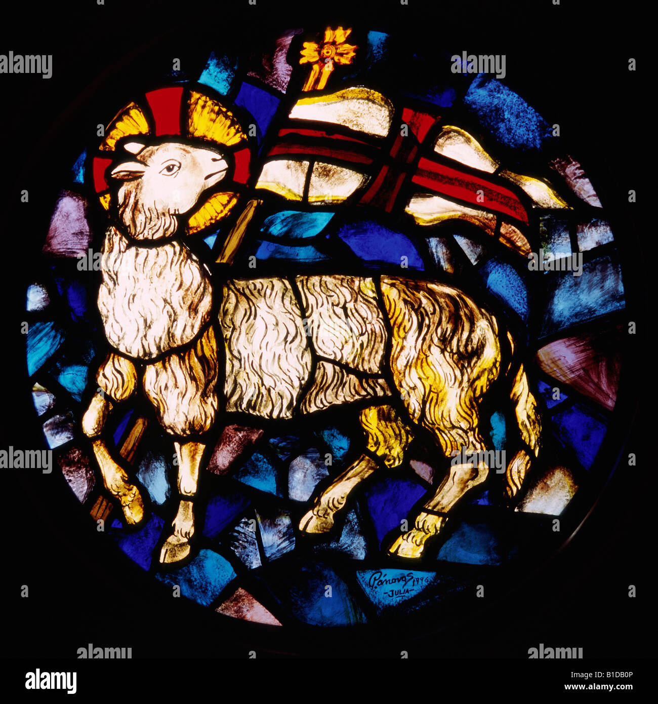 Lamb of God Stained Glass Window in Santanyi Majorca Stock Photo - Alamy