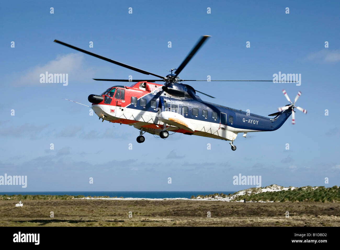 A British International Sikorsky S61 departing from Sea lion Island on ...