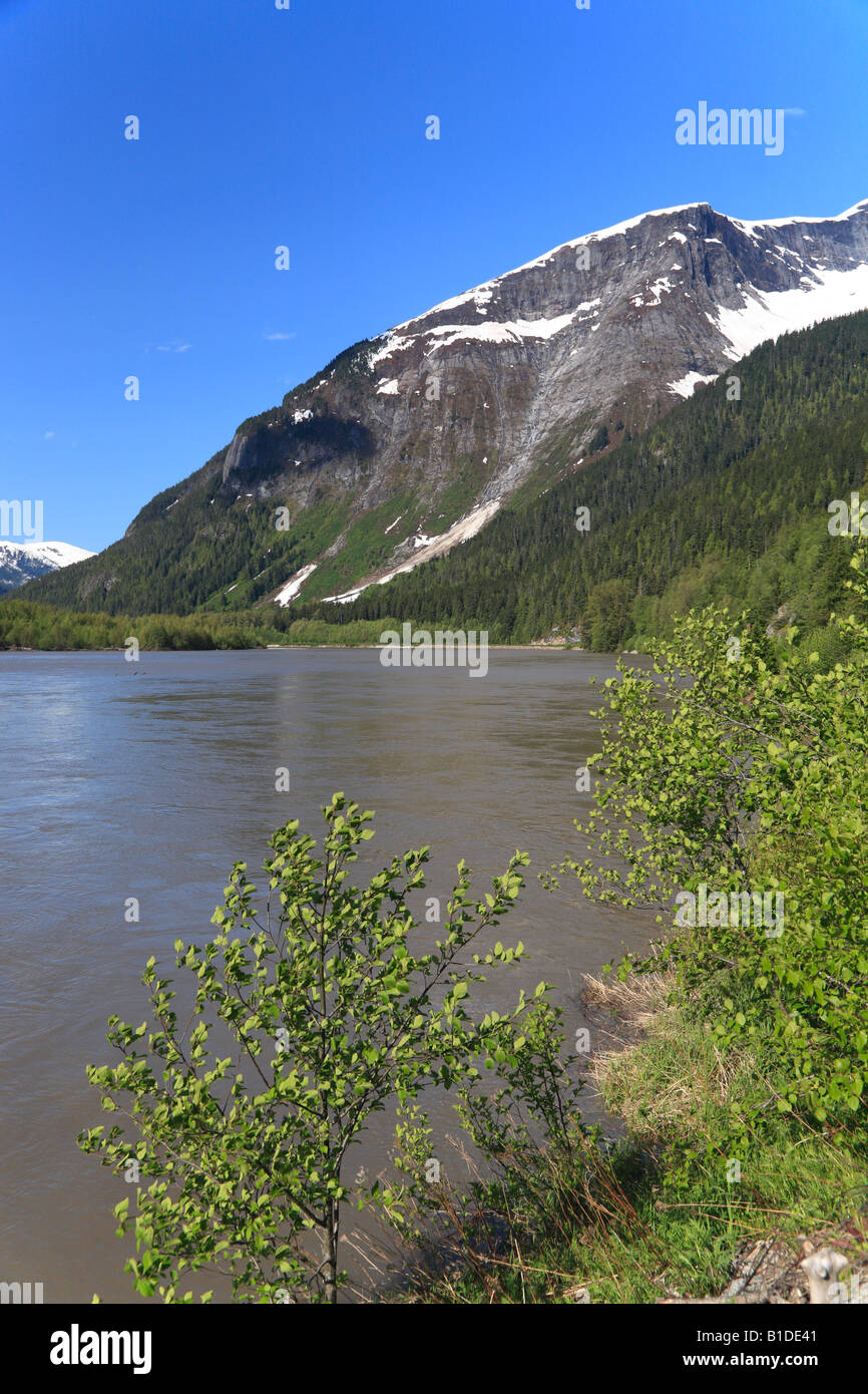 Mountain scenery and Skeena river between Terrace and Prince Rupert BC ...