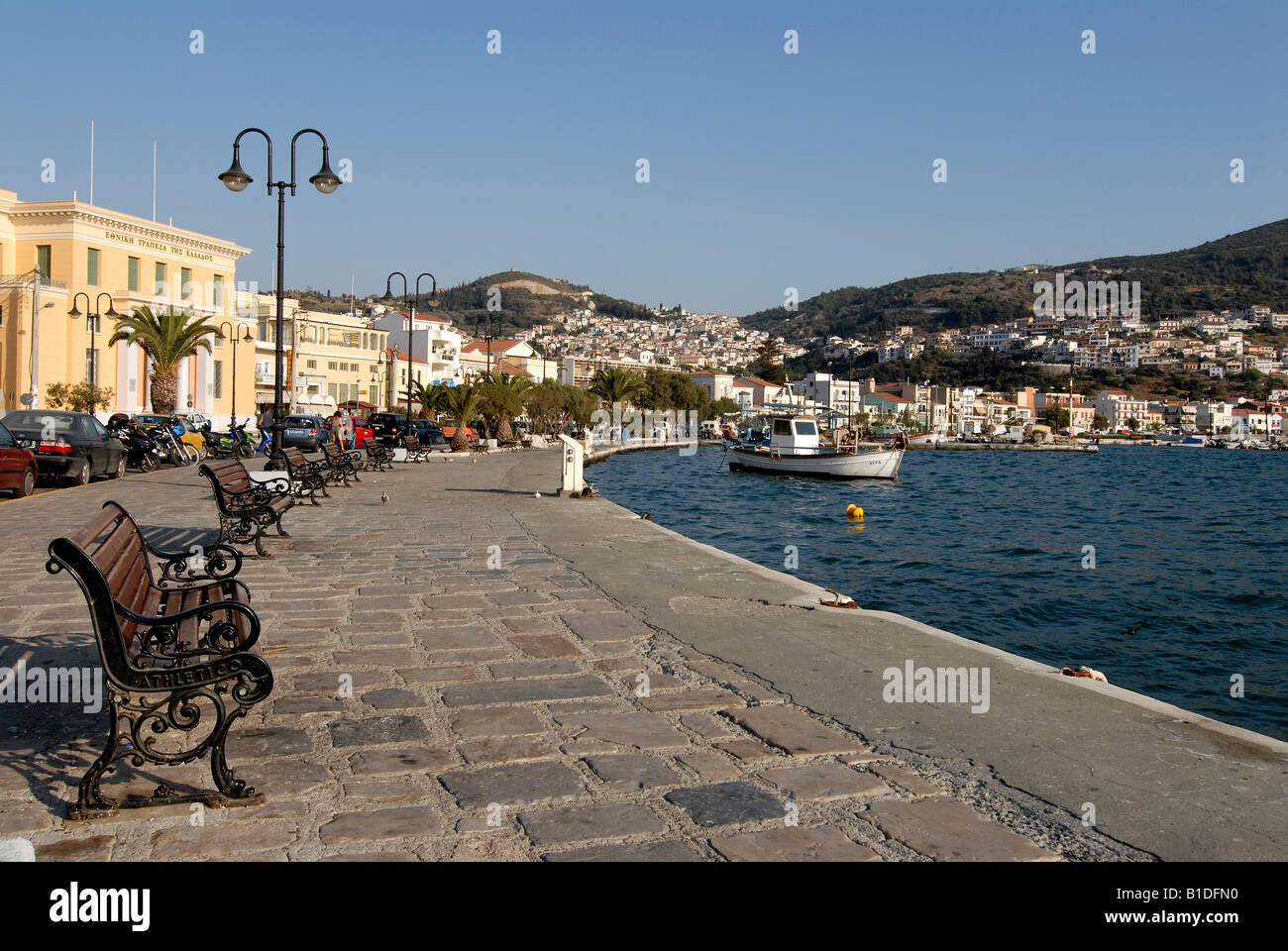 The promenade along the harbour of Samos-town (Vathy). Samos island ...